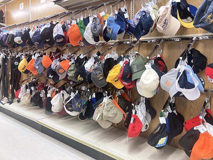 Baseball caps hanging like colorful stalactites in a cave of nostalgia. Each one tells a story&mdash;some you'd want to hear, others perhaps not.