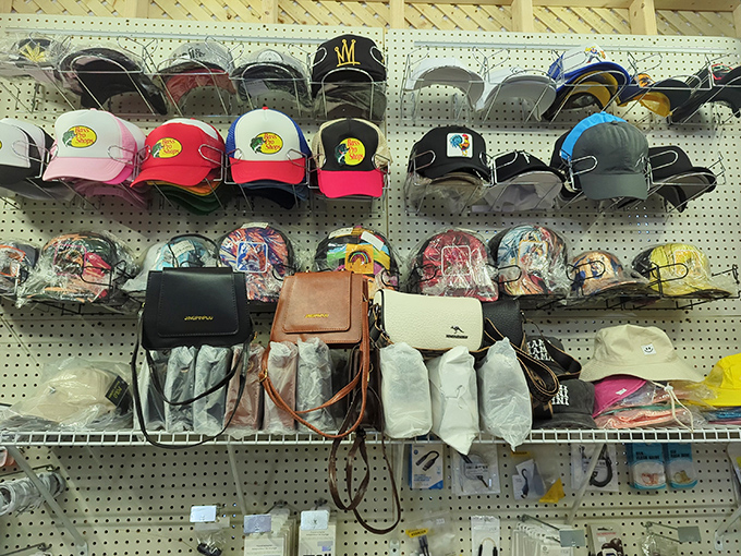 Hat heaven for every head! From Bass Pro to fashion-forward, this pegboard paradise proves the right cap is always the one that makes you smile.
