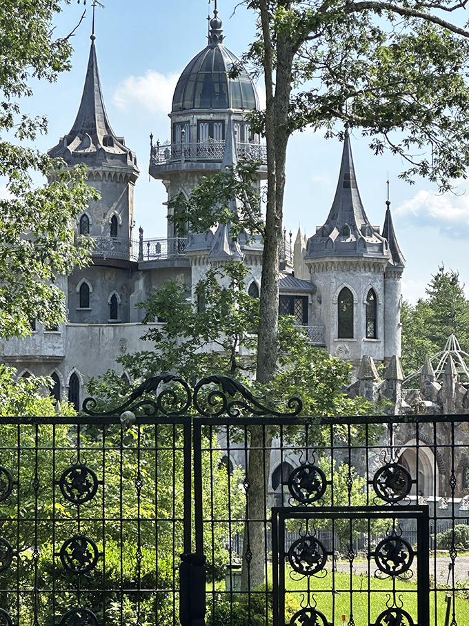 Peeking through the trees reveals a fortress worthy of royalty. The ornate iron gate frames this architectural fantasy like a portal to another time.
