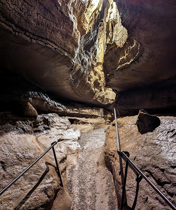 The stairway to... somewhere amazing! These metal handrails guide visitors safely into the depths where prehistoric Missourians once sought shelter from the elements.