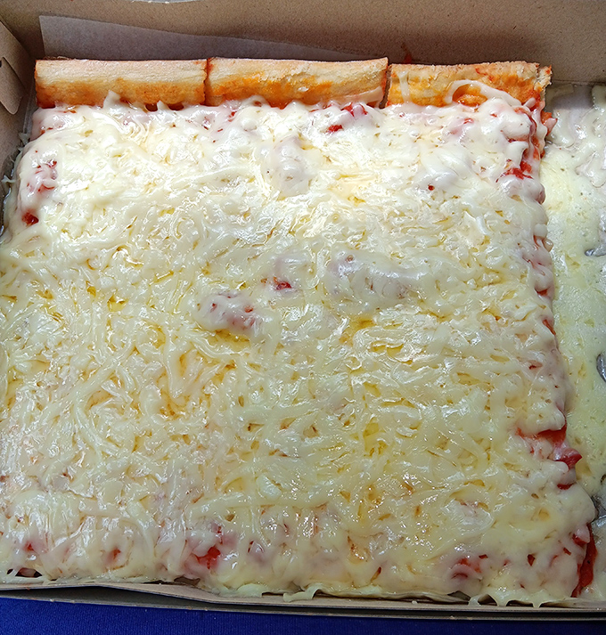 Behold the signature creation &ndash; a square canvas of hot crust and sauce adorned with a snowdrift of cold, shredded provolone that defies pizza physics.