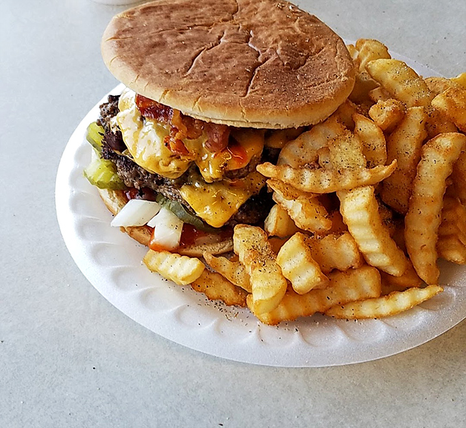 Behold the burger in its natural habitat—surrounded by crispy fries and sporting that perfect cheese melt that makes time stand still momentarily.