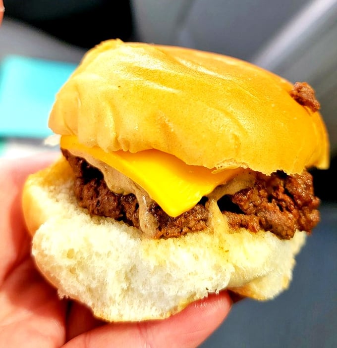 This isn't just a cheeseburger; it's a golden-hued masterpiece of melty American cheese embracing a perfectly seasoned patty on a cloud-like bun.