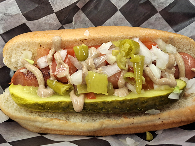 Chicago transplanted to Ohio! This hot dog has more toppings than most people have kitchen utensils, creating a perfect harmony of snap and tang.