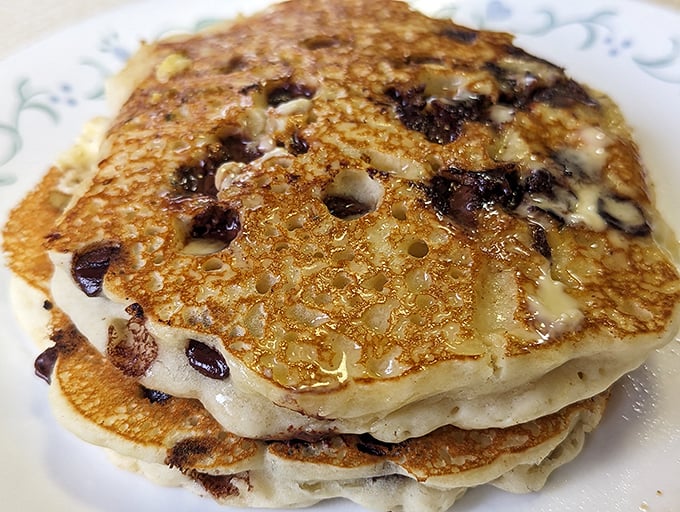 These chocolate chip pancakes aren't trying to impress your Instagram followers—they're too busy making your taste buds feel like they've won the breakfast lottery.
