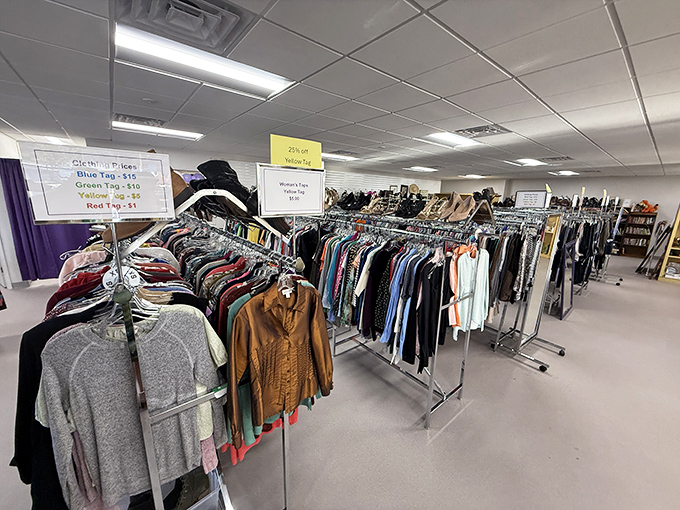 A sea of possibilities hanging neatly by color and size. Unlike my closet at home, where clothes apparently hold midnight wrestling matches.