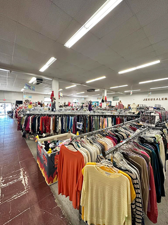 Rainbow rows of clothing await their second chance at fashion greatness. The thrill of the hunt is palpable between these colorful aisles.
