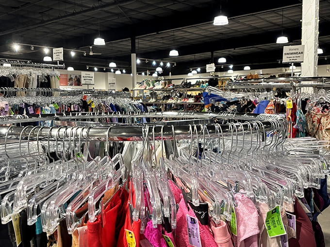 An ocean of clothing racks stretches to the horizon, where yesterday's fashion finds tomorrow's admirers at prices that feel like a clerical error.