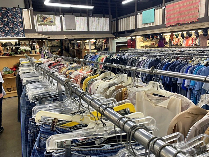 Clothing racks stretch toward the horizon, a textile rainbow organized by color rather than era &ndash; fashion democracy in its purest form.