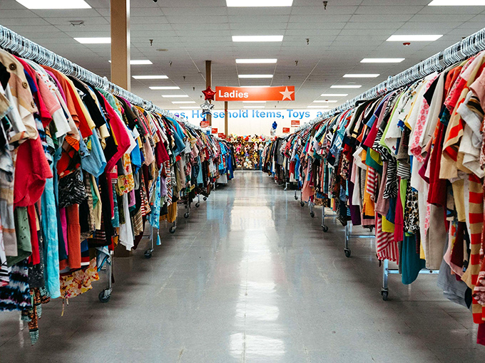 Ladies' fashion creates colorful canyons of possibility, each rack a new chapter in someone's style story waiting to unfold.