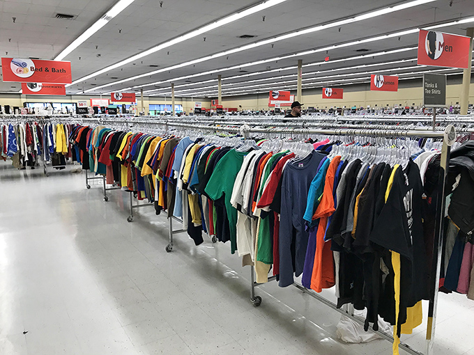 Rainbow rows of previously-loved garments await their second act. Like a fashionista's library, these racks tell stories of trends come, gone, and circling back again.