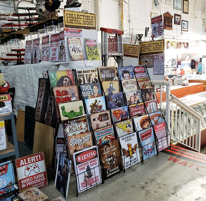 Nostalgia for sale! These vintage-style metal signs let you decorate your man cave with warnings about zombies and reminders of Route 66.