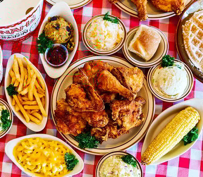 Behold the feast that launched a thousand food comas! Golden fried chicken surrounded by mac and cheese, fries, corn, and all the fixings on a classic red-checkered tablecloth.
