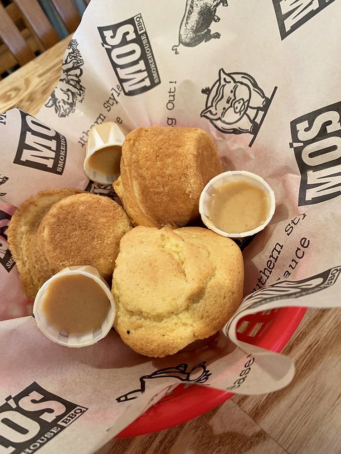 Cornbread that would make a Southern grandmother nod in approval. These golden nuggets of happiness come with honey butter that should be classified as a controlled substance.