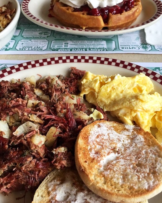 The star of the show: homemade corned beef hash that makes you question every other hash you've ever eaten. Paired with eggs and English muffin&mdash;breakfast nirvana achieved.