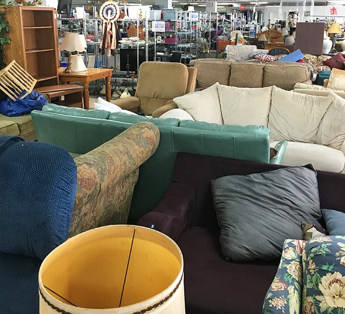 The couch section resembles a living room showroom designed by someone who couldn't decide on just one style&mdash;and thank goodness for that!