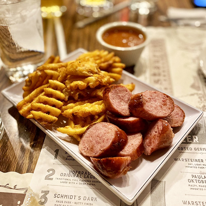 Sliced sausage and crispy waffle fries&mdash;proof that sometimes the simplest pleasures are the most satisfying. That dipping sauce is calling your name!