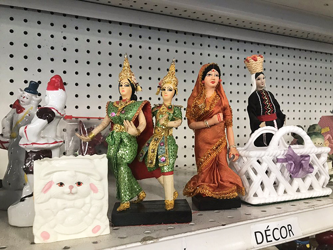 The "D&eacute;cor" section houses cultural artifacts from around the world, from Santa figurines to traditional dancers in vibrant attire.