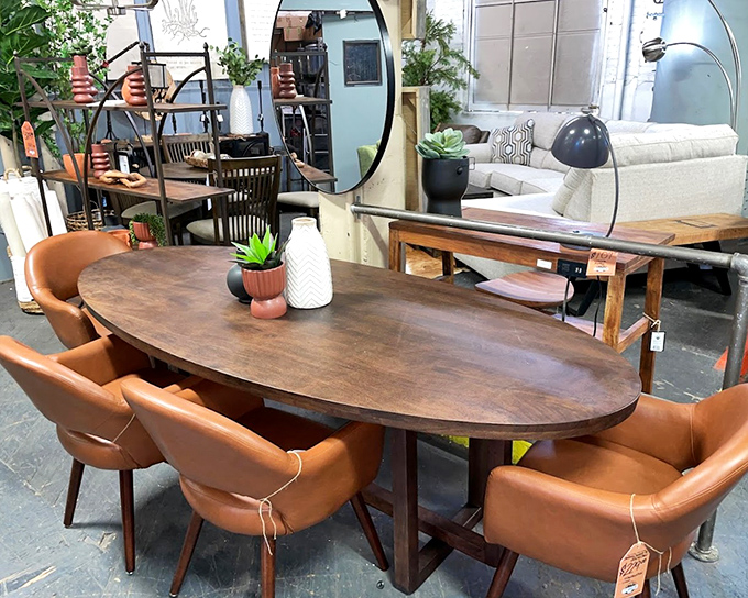 That conference table survived countless boardroom battles and now it's ready for your family dinners.