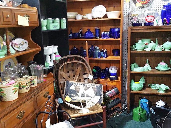 Jadeite glassware and vintage collectibles create a mint-green symphony that would make your grandmother swoon and your interior designer friend jealous.