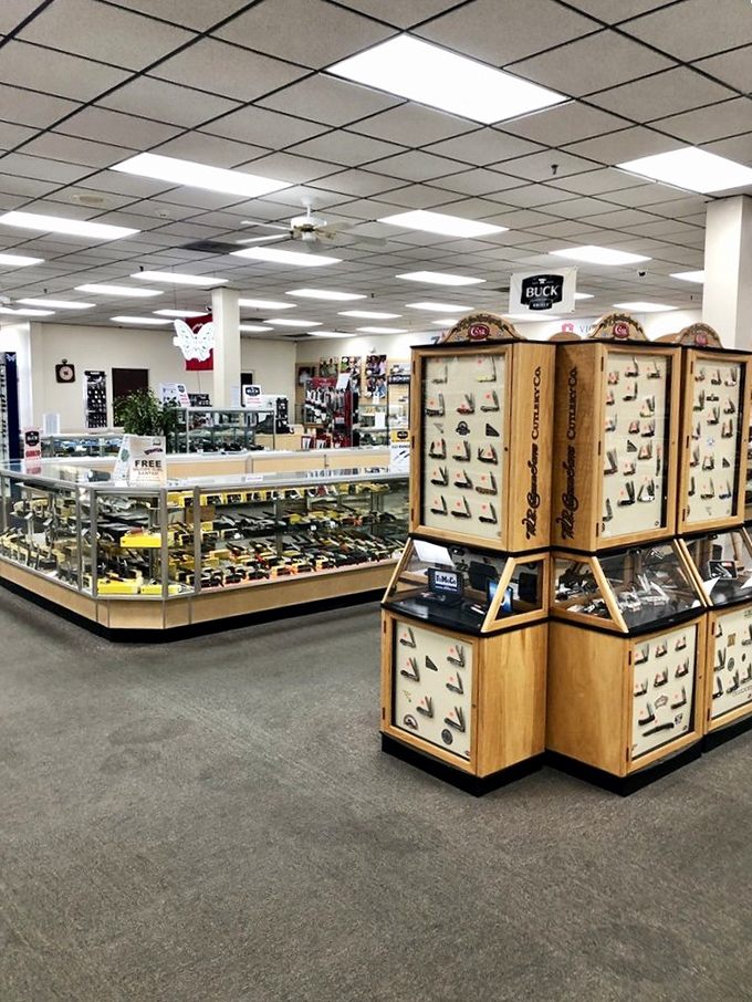 Buck Knives displayed like crown jewels, because honestly, quality blades deserve this kind of royal treatment and respect.