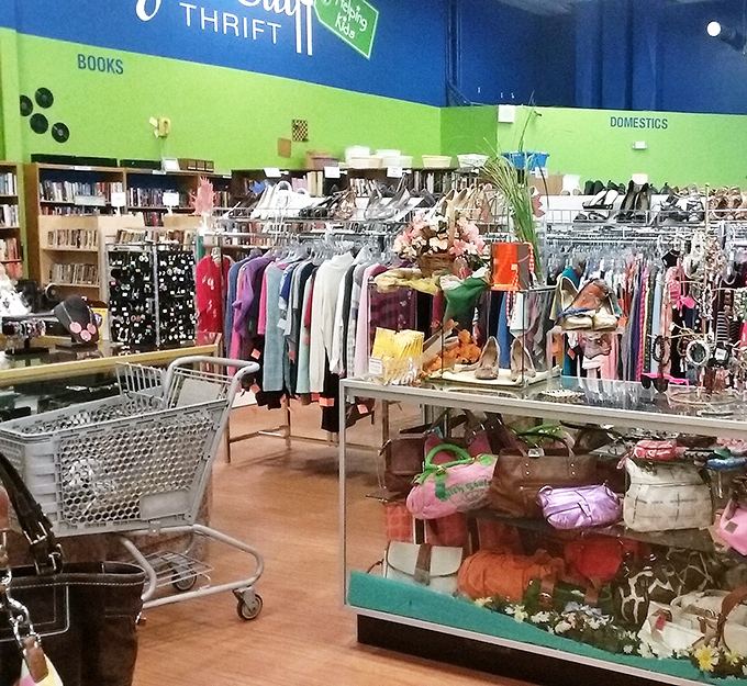 A shopper's paradise where books, clothes, and housewares coexist in colorful harmony. Marie Kondo would have a field day here.