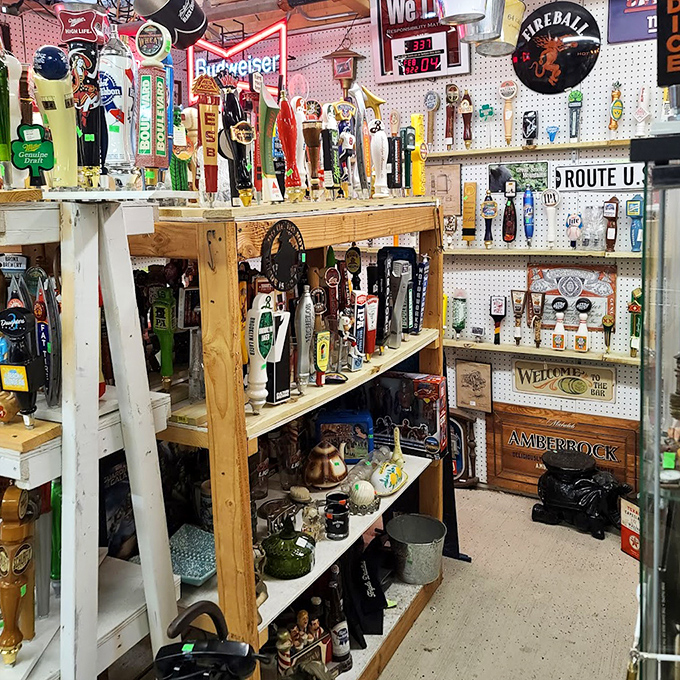 Beer tap handles galore! A paradise for home bar enthusiasts or anyone who's ever dreamed of opening that neighborhood pub in their garage.