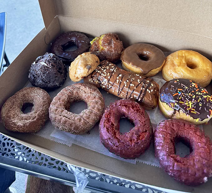A dozen reasons to abandon your diet resolutions. The vibrant red velvet donuts are practically winking at you from the corner of the box.