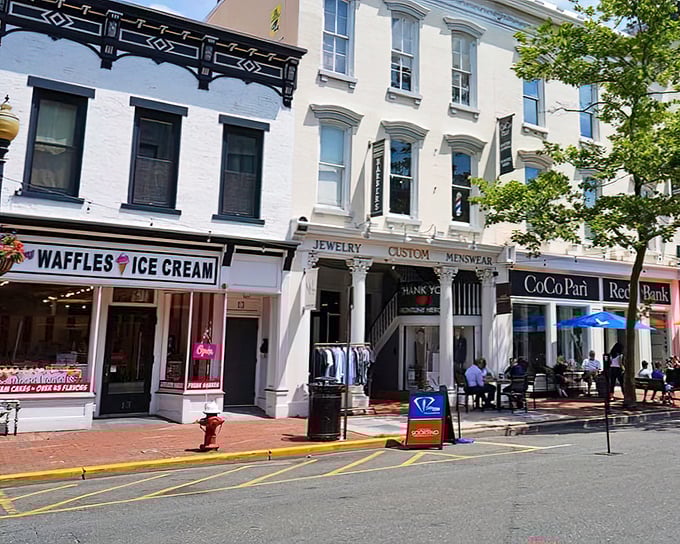 CoCo Pari and neighboring boutiques line Broad Street, where ice cream shops and upscale fashion coexist in delightful small-town harmony.