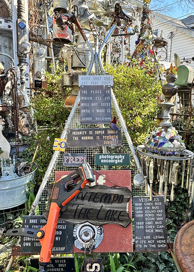 Philosophy meets metalwork in this garden of quotable wisdom. Even James Baldwin makes an appearance among the artistic chaos.