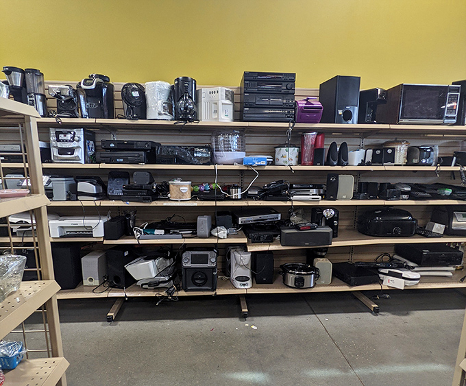The electronics section resembles a museum of technological evolution, where yesterday's must-haves await their second chance at usefulness.