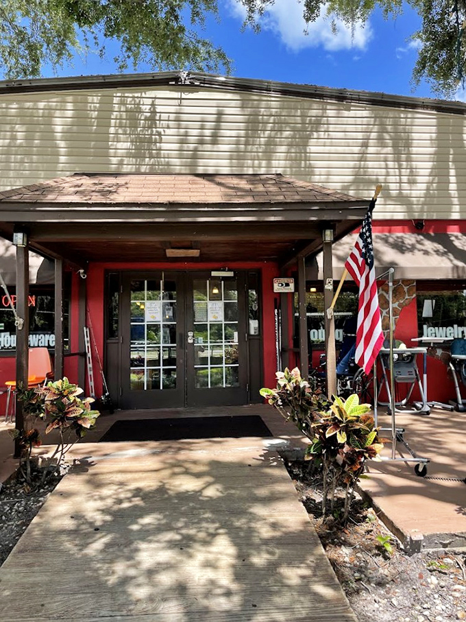 The entrance says it all &ndash; patriotic, welcoming, and ready for business. That American flag isn't just decoration; it's a promise of good old-fashioned value.