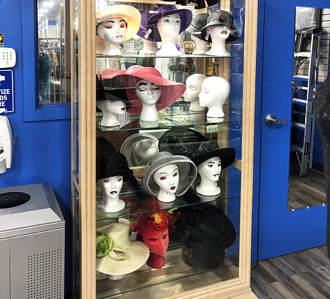 These mannequin heads sporting stylish hats seem to be saying, "Darling, why pay boutique prices when you can look this fabulous for pocket change?"