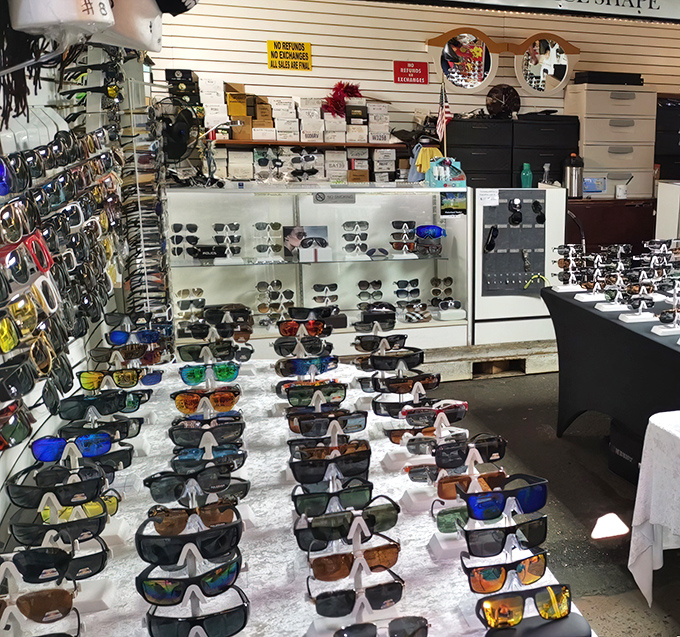 Designer-style sunglasses at flea market prices make every shopper feel like a Hollywood star.