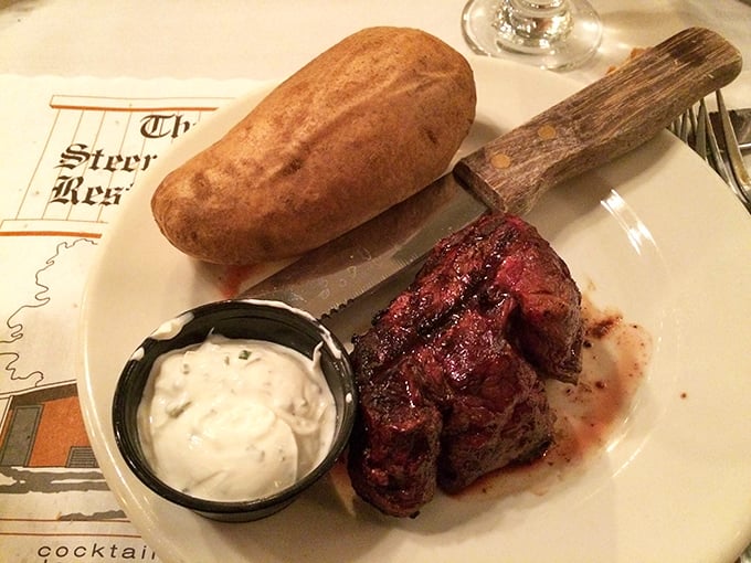 Behold the filet mignon in its natural habitat&mdash;perfectly seared, accompanied by a fluffy baked potato and a side of creamy horseradish that kicks like a stubborn mule.