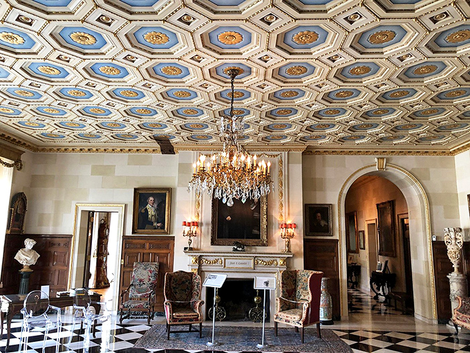 Beneath a ceiling that belongs in an art museum sits a room where the fireplace alone probably cost more than my first house.