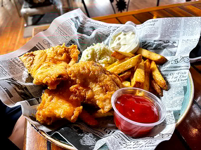 Golden-battered fish that shatters with each bite, paired with fries that could make a Frenchman weep. Newspaper wrapping: optional, satisfaction: guaranteed.
