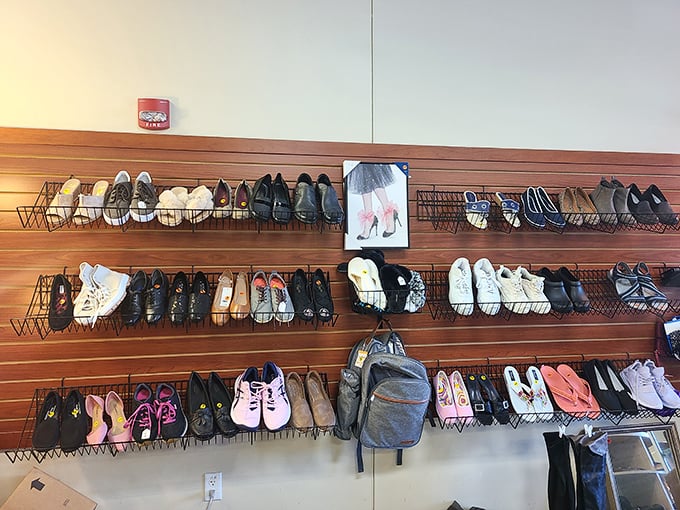 A shoe lover's paradise where footwear finds new footing. That perfect pair is waiting, probably never worn to someone's cousin's wedding.