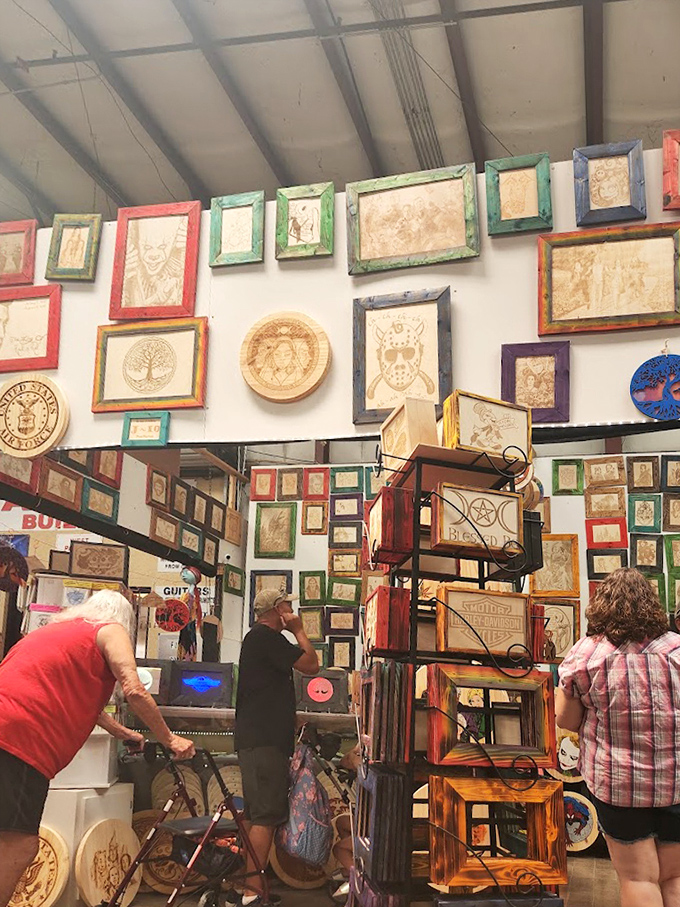 Framed artwork climbs the walls, turning browsing into an impromptu gallery opening minus the pretentious cheese plates.