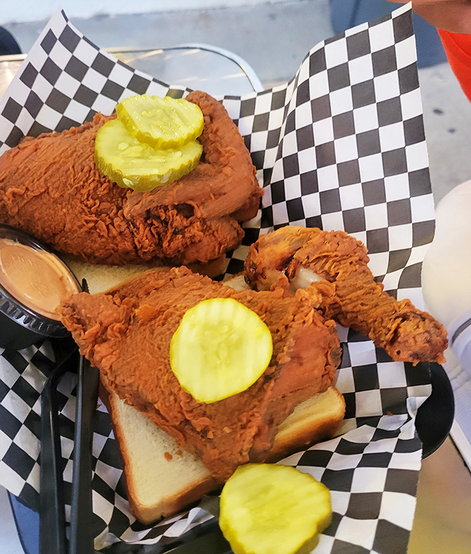 The bread is merely a vehicle for this glorious chicken. Those pickle slices aren't garnish &ndash; they're essential supporting actors.