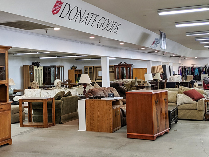 The furniture section resembles a living room museum spanning decades—couches that have heard countless conversations waiting for their next chapter.