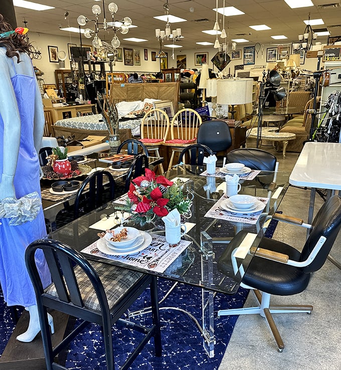 Dining sets staged like they're auditioning for their next home, complete with festive centerpieces and "pick me" personalities.