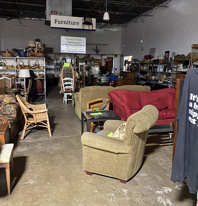 The furniture area resembles a well-curated showroom rather than a typical thrift store, with comfortable seating options for every style.