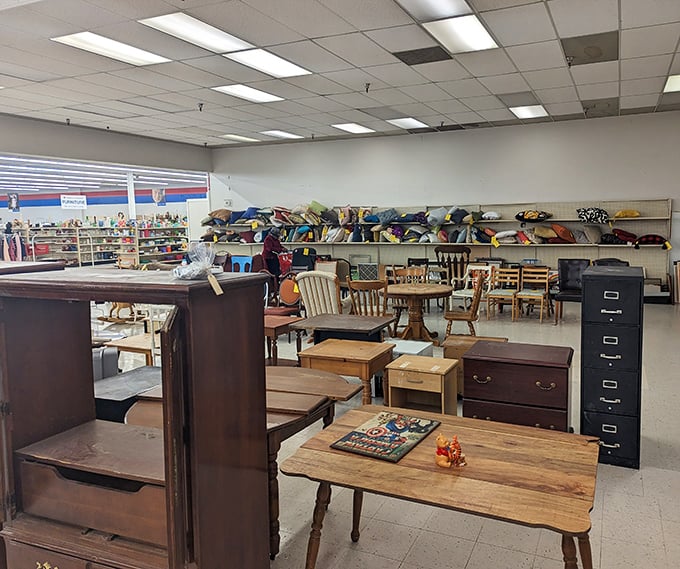 Furniture with character awaits its second act. That wooden table has hosted more family dinners than most restaurants.