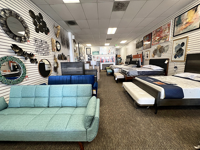 Mid-century modern heaven with prices that'll make you check the tag twice. That aqua sofa? Less than your monthly streaming budget.