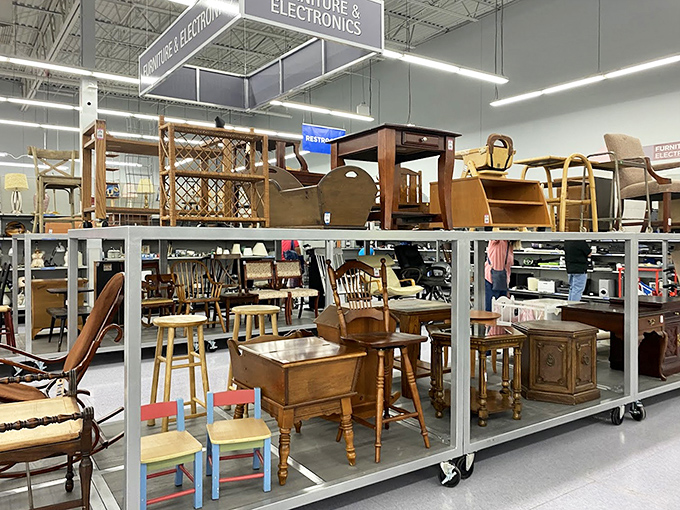 Furniture finds that span decades sit patiently waiting for new homes. That mid-century side table is practically begging to display your houseplants.