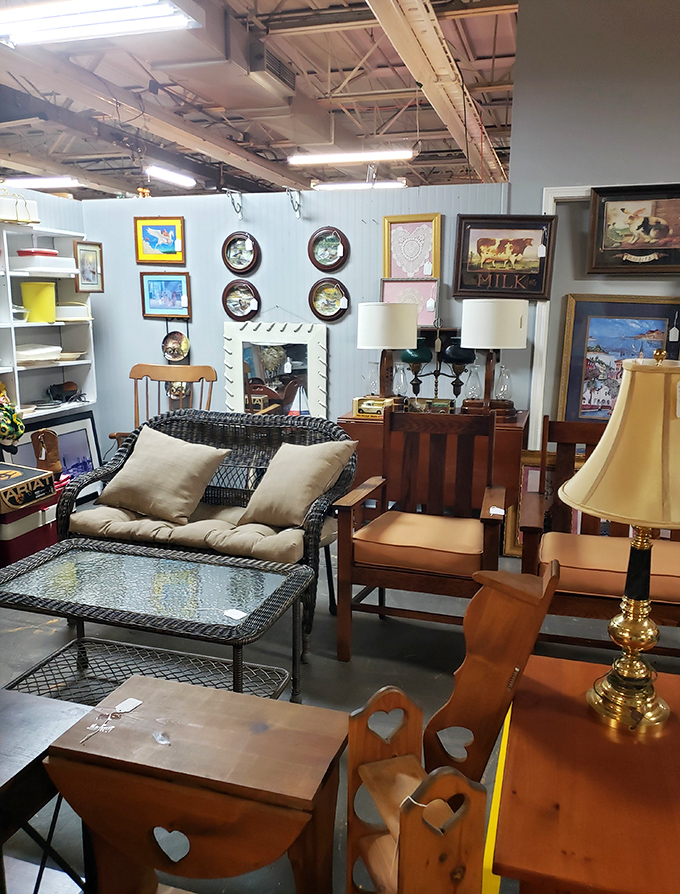 Furniture displays that showcase decades of American living room evolution, from elegant to "what were they thinking?"