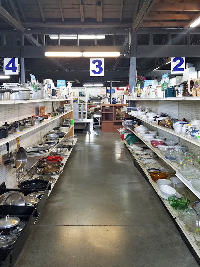 Aisle 3's kitchenware section &ndash; where forgotten fondue sets and perfectly good pots find redemption in new hands.