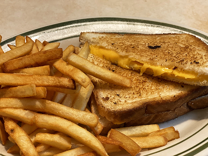 This isn't just a grilled cheese sandwich; it's childhood nostalgia served with a side of perfectly crisp fries and zero pretension.