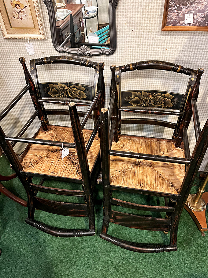 These Hitchcock-style chairs aren't just furniture&mdash;they're time machines with rush seats. Imagine the conversations they've witnessed over centuries!